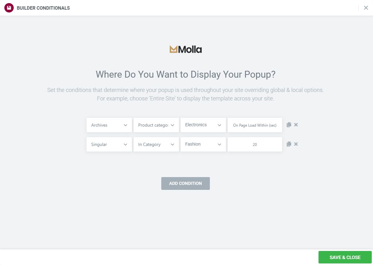 Display Conditions – Molla WordPress Documentation