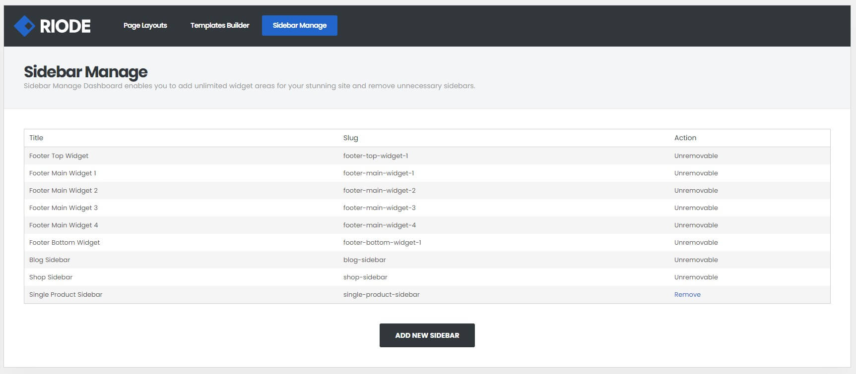Register New Sidebar - Documentation